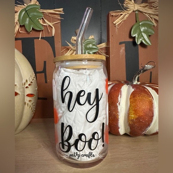 Dining | Hey Boo Glass Tumbler With Straw | Poshmark